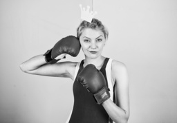 Queen of sport. Become best in boxing sport. Feminine tender blonde ...
